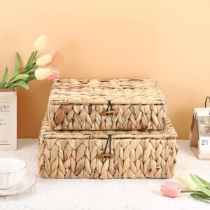 Hipiwe Wicker Storage Basket Bins with Lid Natural Water Hyacinth Basket Bin Boxes Rectangular Decorative Shelf Baskets Box Stackable Flat Woven Storage Box for Home Organizing, 2-Packs