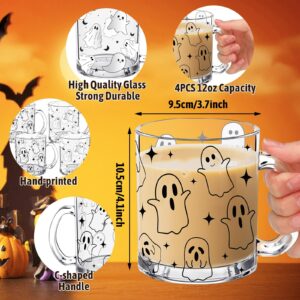 RimCereal 4 PCS Halloween Ghosts Glass Coffee Mugs with Handle Spooky Iced Coffee Cup Halloween Home Decor Cute Halloween Gifts Halloween Spooky Cups, 12oz