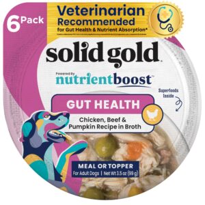 solid gold wet dog food topper & meal cups - all ages, puppy & senior wet dog food small breed & large breed, sensitive stomach wet dog food - for digestion, chicken, beef & pumpkin, 3.5oz pack of 6