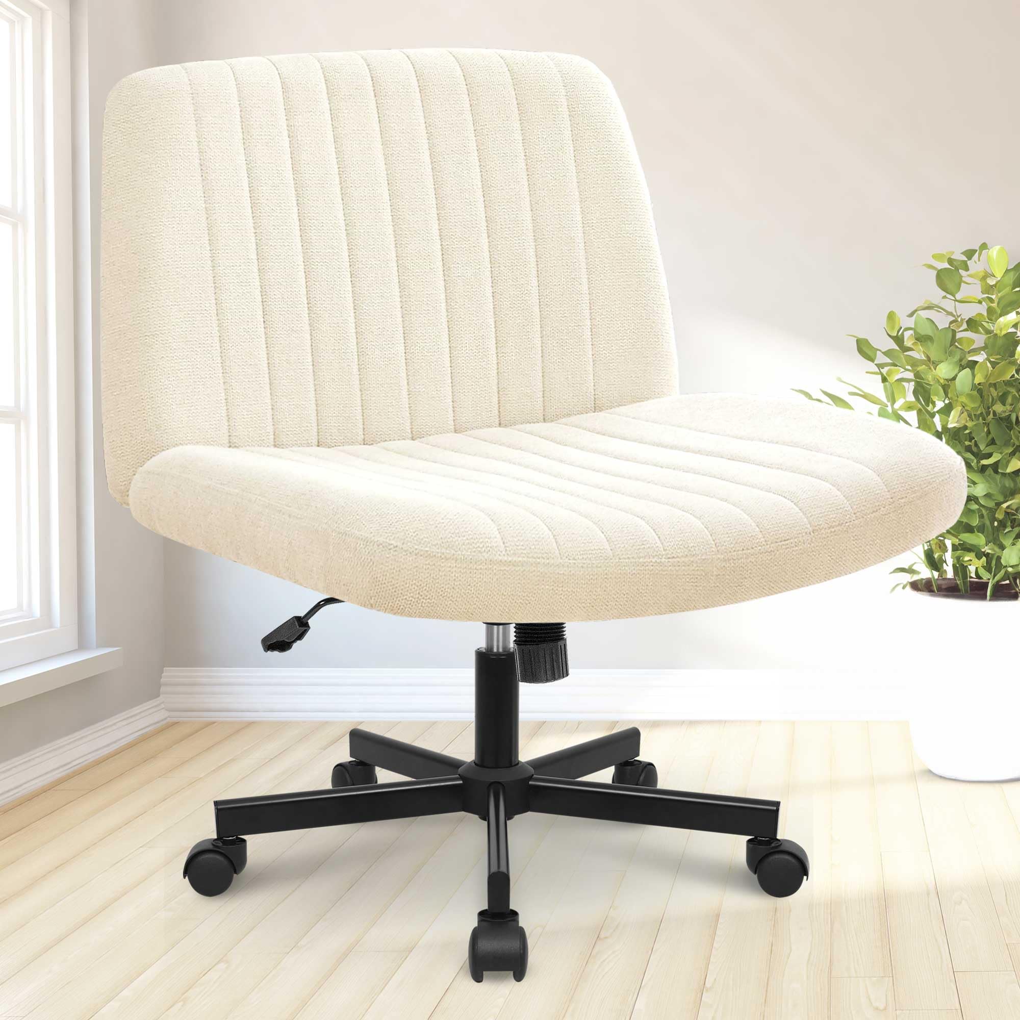 NEO CHAIR Criss Cross Chair, Armless Legged Office Desk Chair, with Wheels Swivel Modern Ergonomic Vanity Fabric Adjustable Wide Comfy Computer Task Chairs for Home Office (Beige)