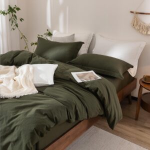 Warm Moment Olive Green Duvet Cover Queen Size, 100% Washed Cotton Bedding Set Cover 1 Duvet Cover 90inch x 90inch with Zipper Closure and 2 Pillowcases, Olive Green