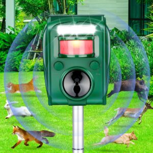 qualirey animal repellers solar deterrent devices green waterproof ultrasonic deer repellents with motion sensor flashing light for garden farm house drive cat dog bird coyote skunk(green)