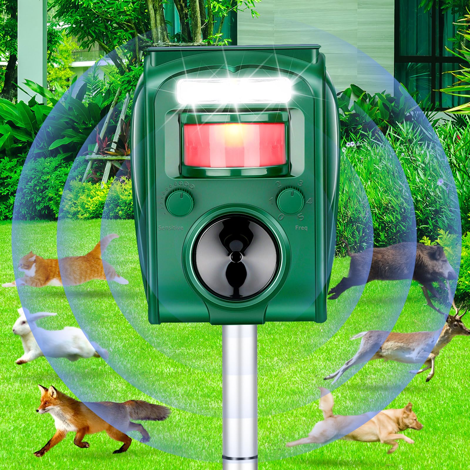 Qualirey Animal Repellers Solar Deterrent Devices Green Waterproof Ultrasonic Deer Repellents with Motion Sensor Flashing Light for Garden Farm House Drive Cat Dog Bird Coyote Skunk(Green)