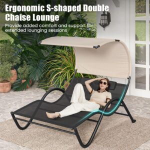 Tangkula 2 Person Lounge Chair with Canopy, Outdoor Chaise Lounge with 2 Detachable Pillows, UPF50+ Extra Large Double Patio Hammock Sunbed Chair with 2 Wheels for Backyard, Poolside