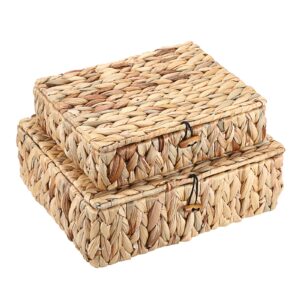 Hipiwe Wicker Storage Basket Bins with Lid Natural Water Hyacinth Basket Bin Boxes Rectangular Decorative Shelf Baskets Box Stackable Flat Woven Storage Box for Home Organizing, 2-Packs