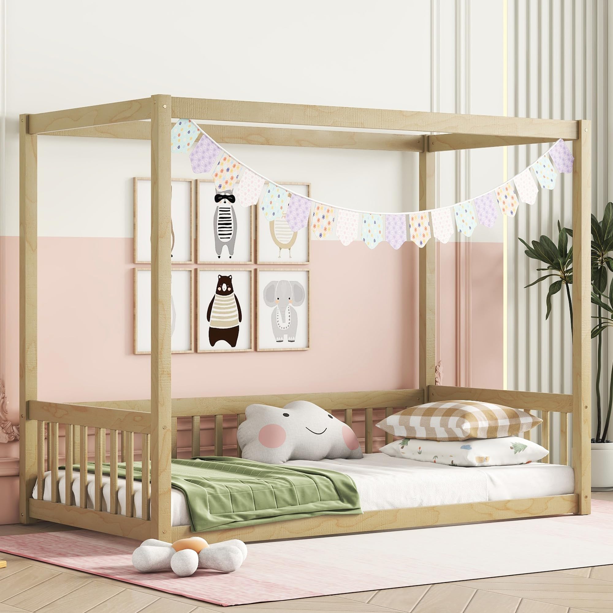 Luxo Abode Twin Size Montessori Canopy Frame Floor Bed with Guardrails Fence, 4-Poster Pine Wood Bed Frame, Easy Assembly, for Toddlers, Children's Room, Playroom, Natural