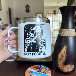 EXIGENT Funny Stay Positive Skull Coffee Tea Cup Mug Collectible 14Oz Ounces Birthday Gifts Decorations (SKULL)