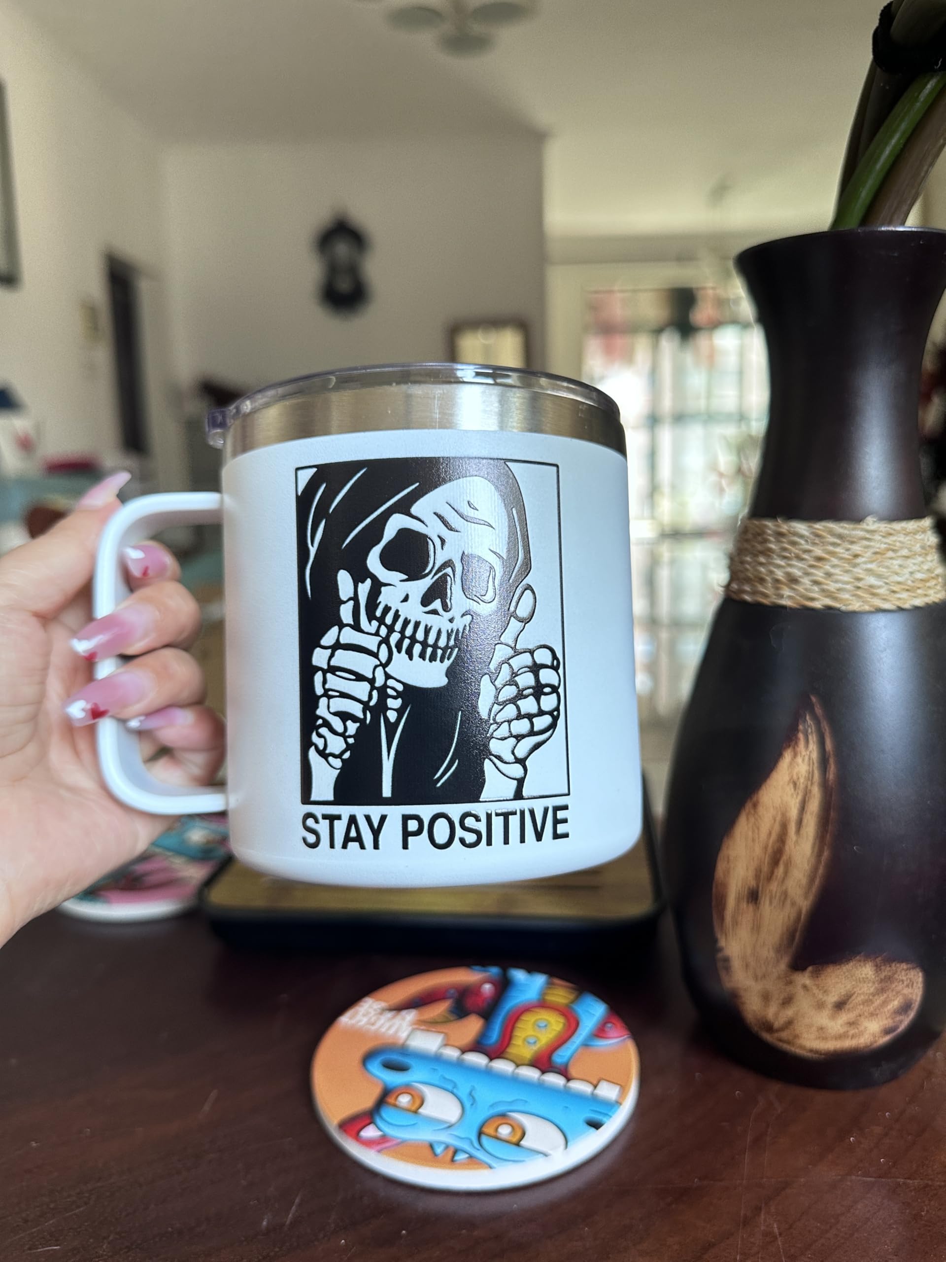 EXIGENT Funny Stay Positive Skull Coffee Tea Cup Mug Collectible 14Oz Ounces Birthday Gifts Decorations (SKULL)