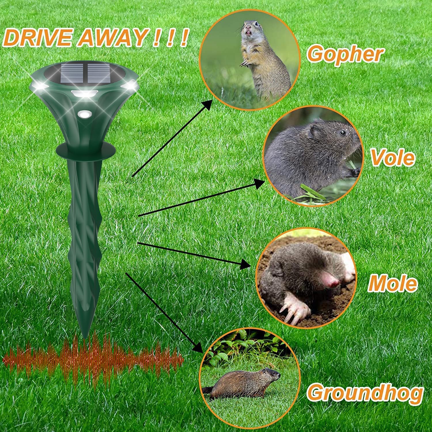 Pack of 2 Solar Mole Repellent Sonic Gopher Repellent Vole Chaser Mole Deterrent Sonic Spikes Rodent Repellent Ultrasonic Pest Control Outdoor Keep Moles Out of Yard Lawn