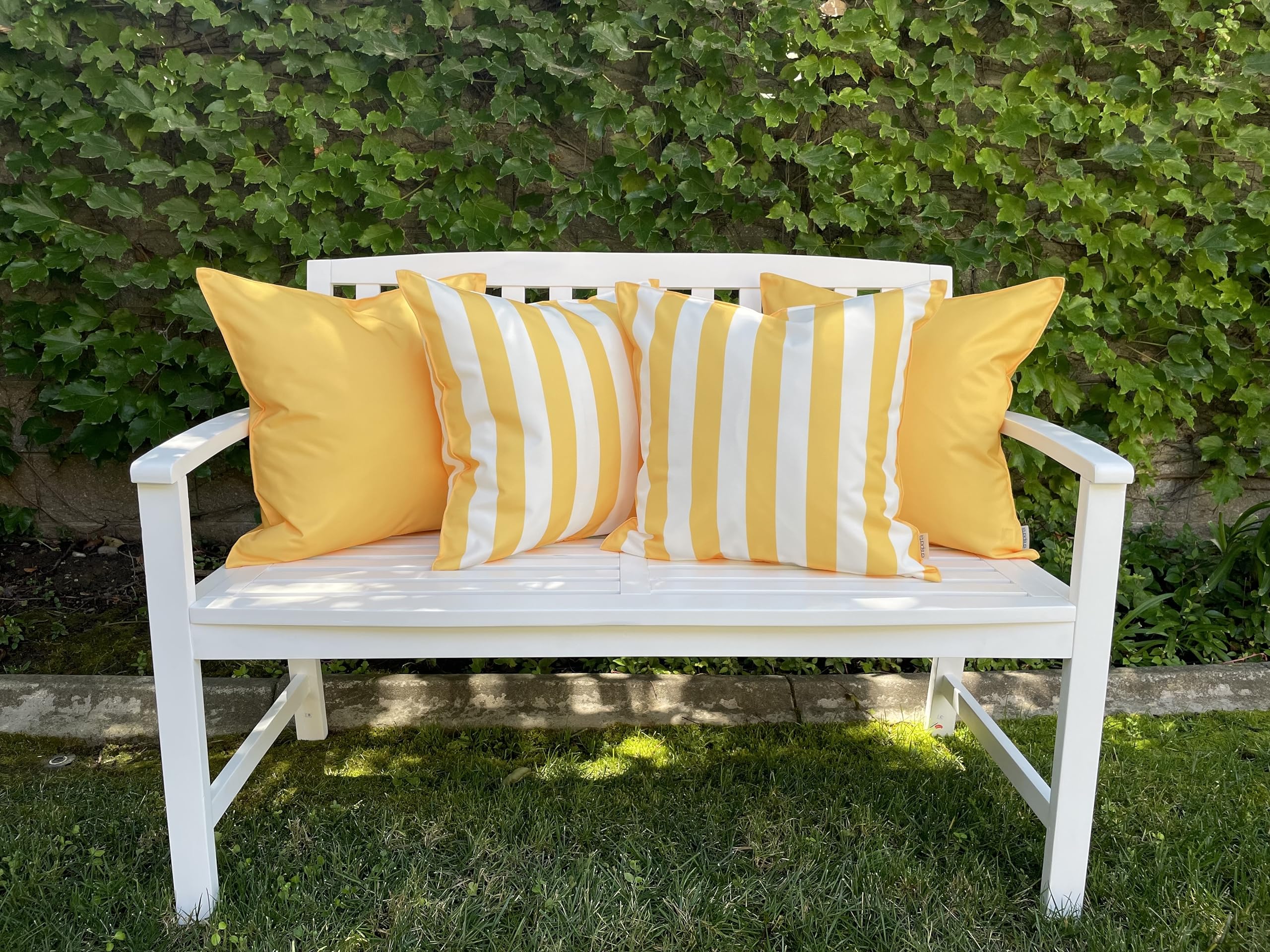 Ensperta Pack of 2 Solid and Stripe 20''x20'' Outdoor Waterproof Yellow Throw Pillow Covers Decorative Square Cushion Patio Pillows for Patio Furniture (Samoan Sun)