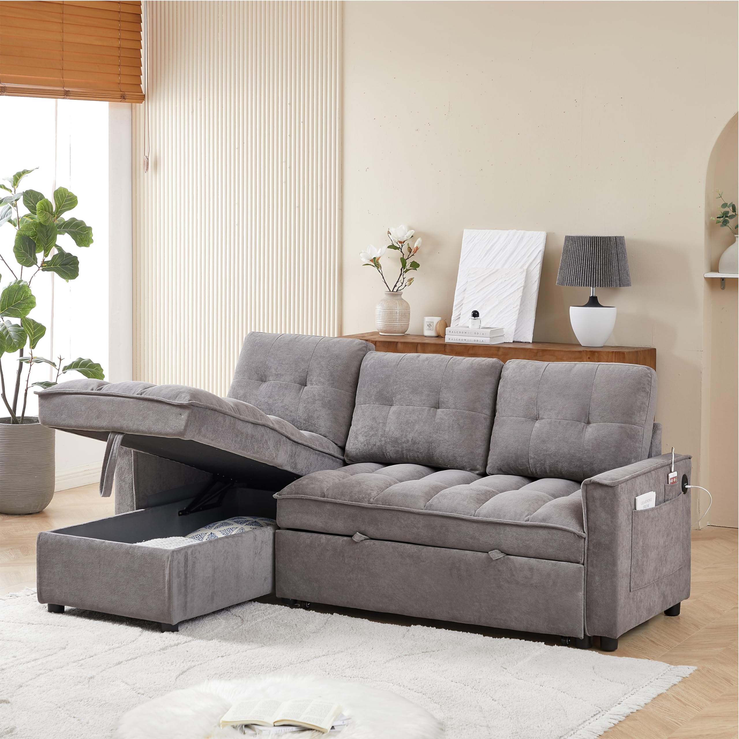 lunhung 78" L-Shaped Sofa,Reversible Sleeper Sectional Sofa with Pull-Out Bed,Comfy Tufted Sectional Couch with USB Port,Storage Chaise&Side Pocket,Furniture Set for Living Room,Small Space