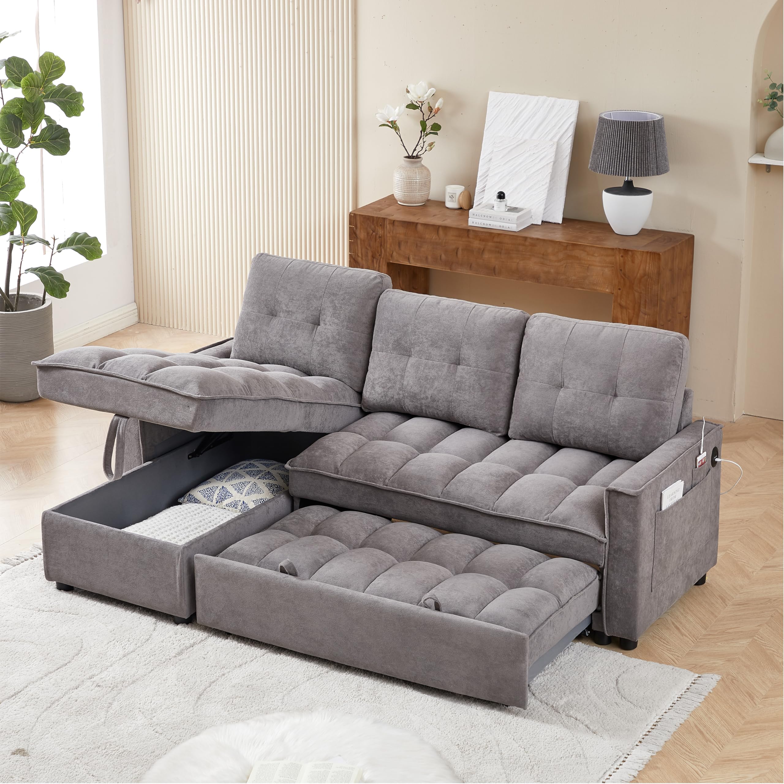 lunhung 78" L-Shaped Sofa,Reversible Sleeper Sectional Sofa with Pull-Out Bed,Comfy Tufted Sectional Couch with USB Port,Storage Chaise&Side Pocket,Furniture Set for Living Room,Small Space