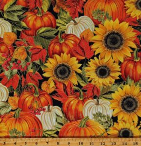 timeless treasures cotton sunflowers fall leaves pumpkins harvest floral metallic gold accents cotton fabric print by the yard (harvest-cm2801-autumn)