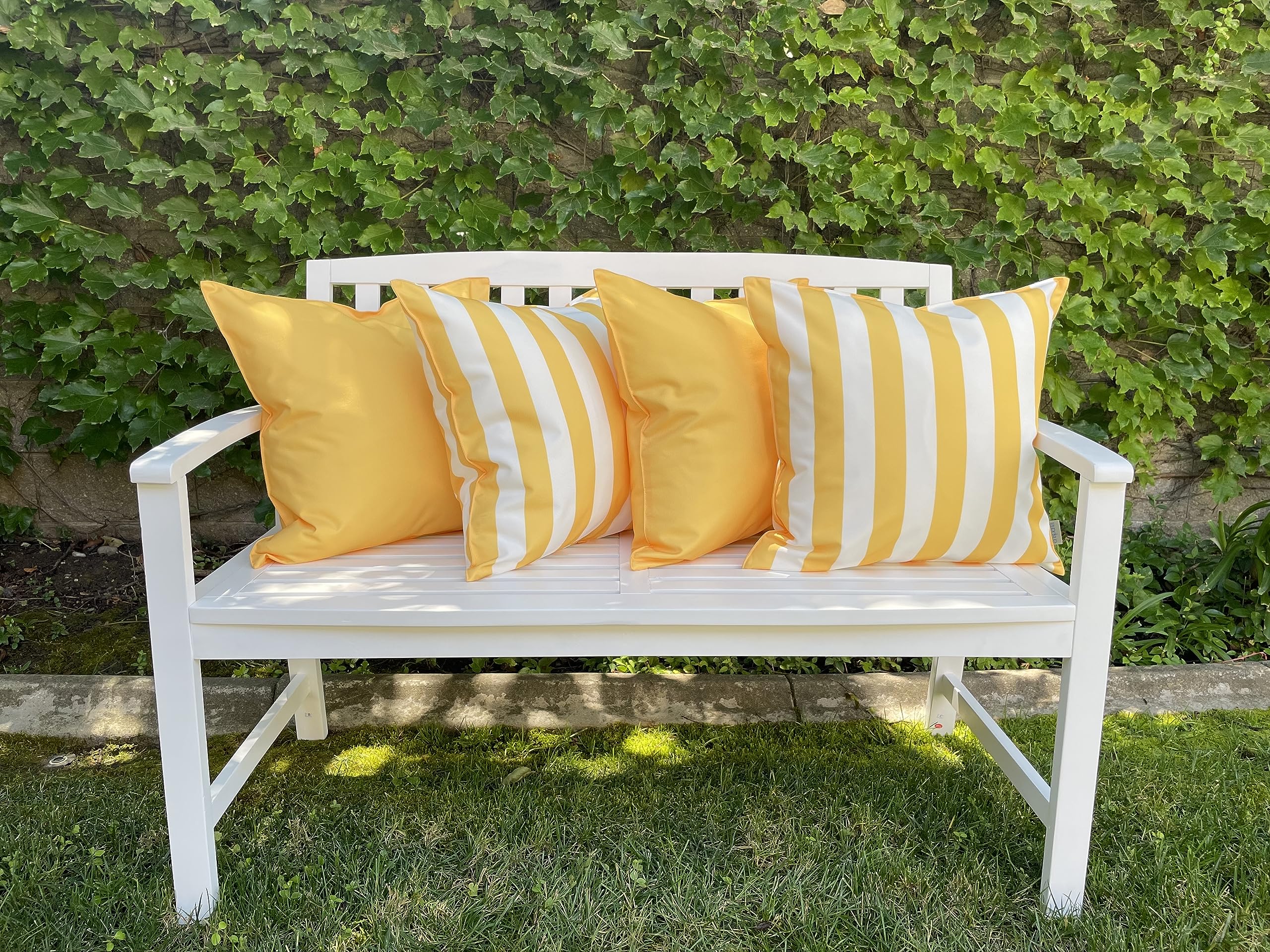 Ensperta Pack of 2 Solid and Stripe 20''x20'' Outdoor Waterproof Yellow Throw Pillow Covers Decorative Square Cushion Patio Pillows for Patio Furniture (Samoan Sun)