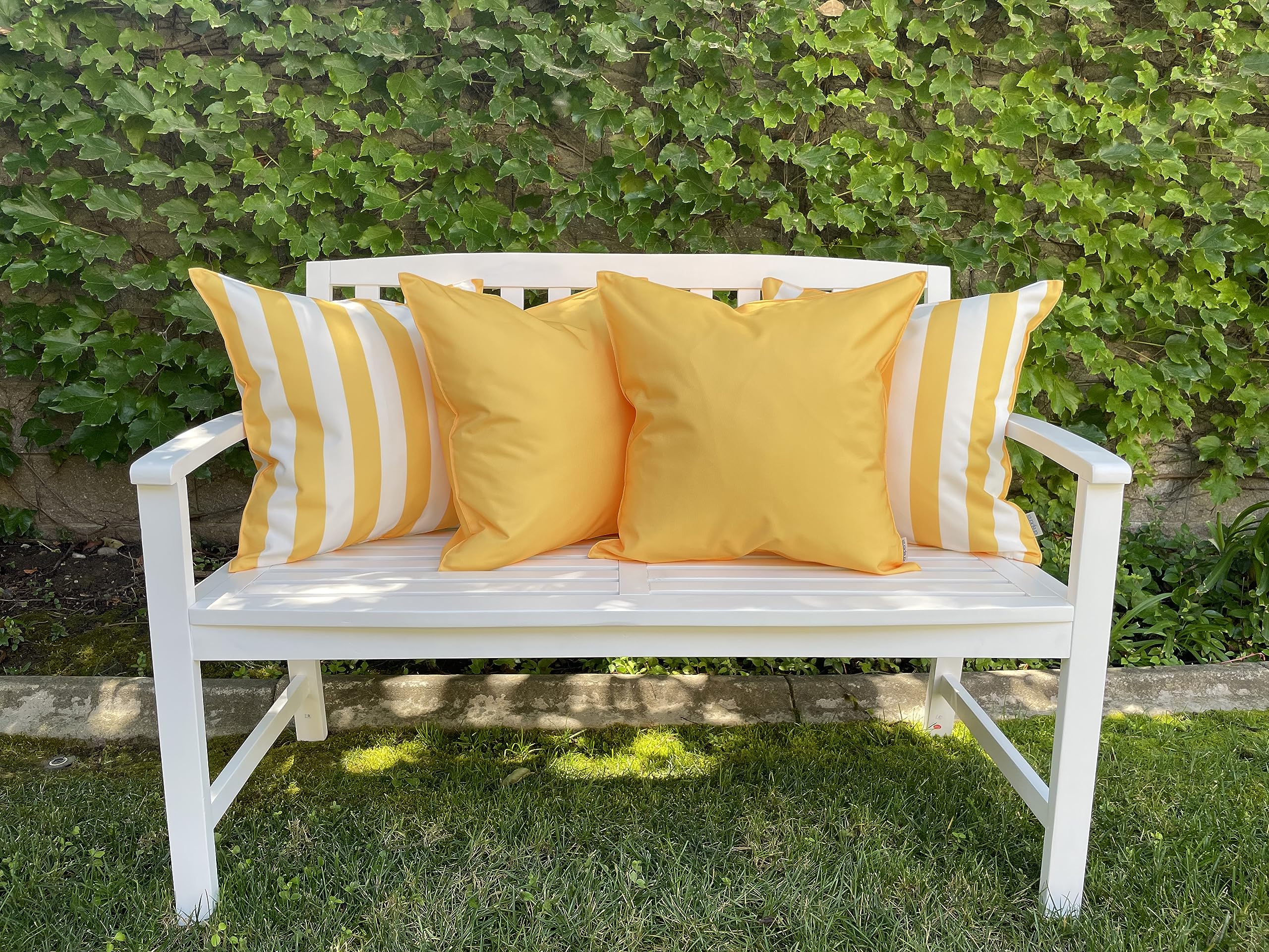 Ensperta Pack of 2 Solid and Stripe 20''x20'' Outdoor Waterproof Yellow Throw Pillow Covers Decorative Square Cushion Patio Pillows for Patio Furniture (Samoan Sun)