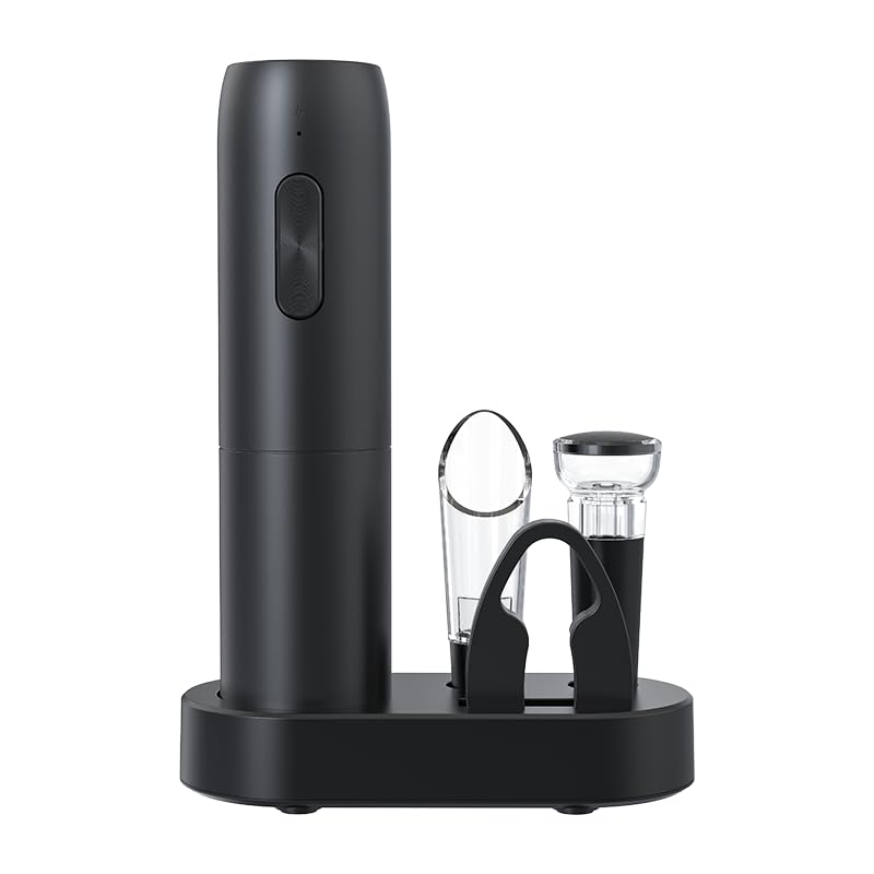 VGY Rechargeable Electric Wine Opener, 5 in 1 set with Automatic Electric Wine Bottle Corkscrew Opener, Foil Cutter, Vacuum Stopper, Wine Pourer and Storage Charging Stand