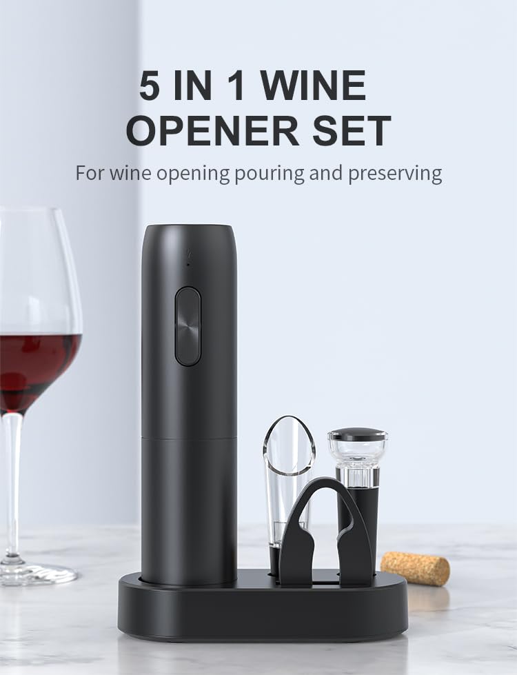 VGY Rechargeable Electric Wine Opener, 5 in 1 set with Automatic Electric Wine Bottle Corkscrew Opener, Foil Cutter, Vacuum Stopper, Wine Pourer and Storage Charging Stand