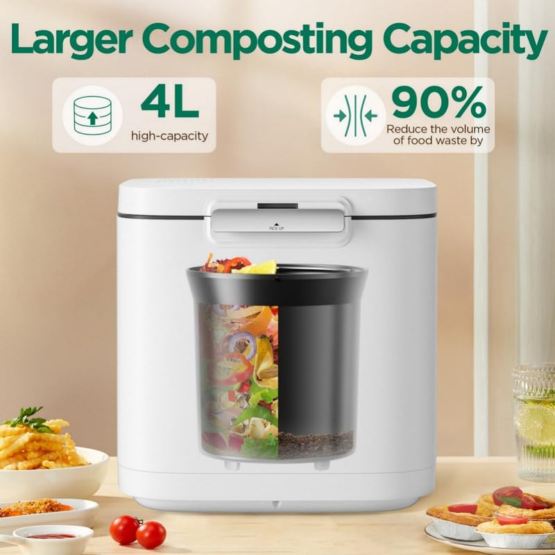 4L Electric Composter for Kitchen, Smart Compost Bin Outdoor/Indoor, Odorless/Auto-Cleaning/ 3 Modes/Intelligent LED Display, Turn Food Waste to Fertilizer for Garden, Food Waste Compost Machine