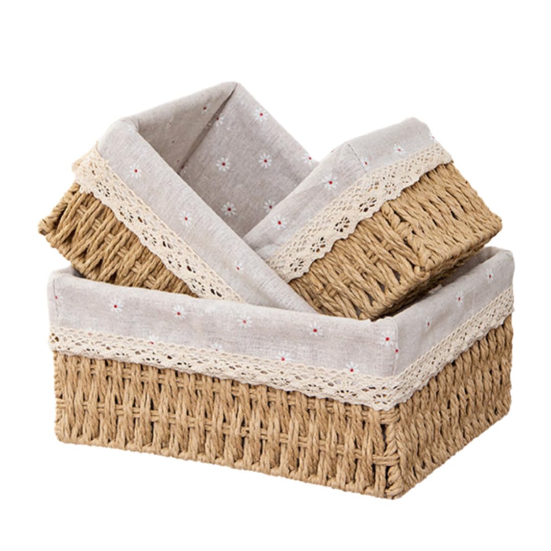 QRZLP 3 PCS Woven Storage Basket, Imitation Rattan Woven Desktop Storage Basket Household Miscellaneous Storage Basket Rectangular Handmade Baskets for Offices, Study Rooms, Bedrooms, Balconies.