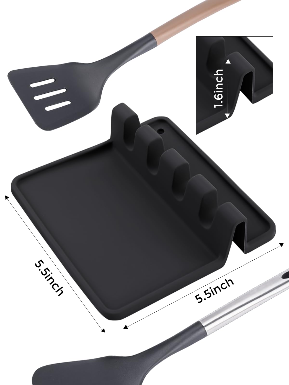 Silicone Spoon Rest with Drip Pad for Stove Top(2PCS), Large Utensil Rest for Multiple Utensils, Heat-Resistant & Dishwasher Safe Kitchen Utensil Holder for Spatula, Ladle, Kitchen Gadgets (Black)