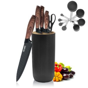 kitchen block knife sets, 6-pieces black chef knife set with removable round block, non-stick & non-slip stainless steel sharp knife set for restaurant home cooking, gifts for mom wife girl (black)