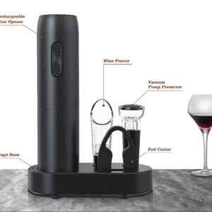 VGY Rechargeable Electric Wine Opener, 5 in 1 set with Automatic Electric Wine Bottle Corkscrew Opener, Foil Cutter, Vacuum Stopper, Wine Pourer and Storage Charging Stand