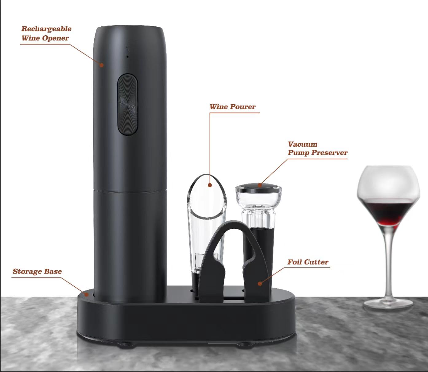 VGY Rechargeable Electric Wine Opener, 5 in 1 set with Automatic Electric Wine Bottle Corkscrew Opener, Foil Cutter, Vacuum Stopper, Wine Pourer and Storage Charging Stand