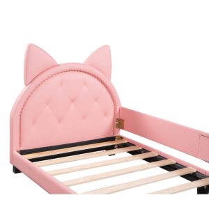 ACQCA Twin Size Daybed with Carton Ears Shaped Headboard, PU Leather Upholstered Platform Bed with Button Tufting Nailhead Trim for Kids Girls Boys, No Box Spring Needed,Pink