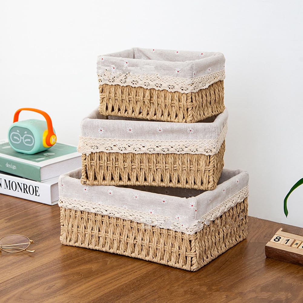 QRZLP 3 PCS Woven Storage Basket, Imitation Rattan Woven Desktop Storage Basket Household Miscellaneous Storage Basket Rectangular Handmade Baskets for Offices, Study Rooms, Bedrooms, Balconies.