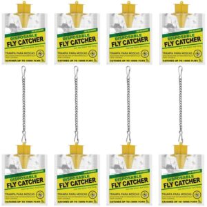 outdoor fly traps (8 pack) with adjustable hanging chain (4 pack), disposable hanging fly traps with natural pre-baited bags | effective fly killer for backyard, patio, park or farm