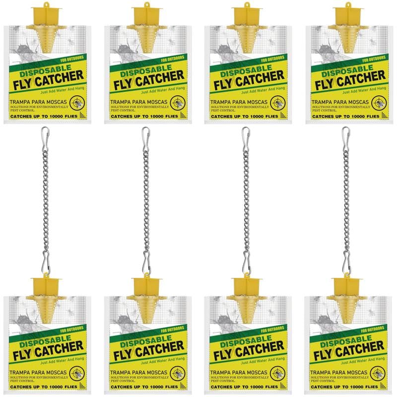 Outdoor Fly Traps (8 Pack) with Adjustable Hanging Chain (4 Pack), Disposable Hanging Fly Traps with Natural Pre-Baited Bags | Effective Fly Killer for Backyard, Patio, Park or Farm