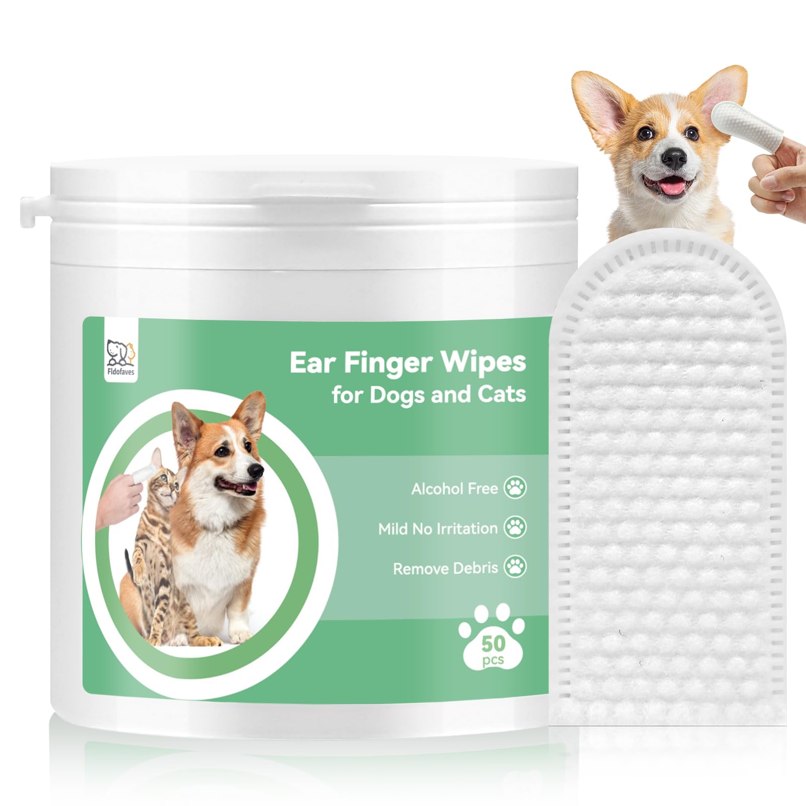 Fldofaves Dog Ear Cleaner, Dog Ear Wipes Finger Ear Cleaner Wipes for Dogs & Cats, Gently Eliminate Ear Wax,Debris and Odor, Relieve Ear Itching &Inflammation,Natural Ingredients - 50 Count