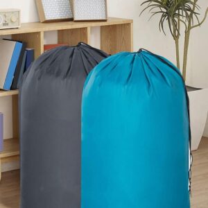 QKDS Laundry Bag with Cord Closure, 2pcs Travel Drawstring Laundry Bags, Foldable Lightweight Laundry Bags Polyester Storage Bag for Home and Dorm Camping Travel(Blue and Grey)