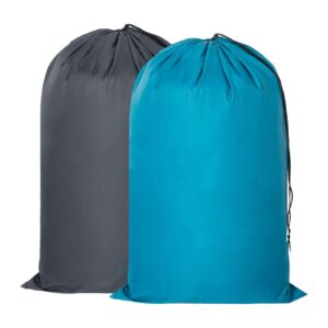 qkds laundry bag with cord closure, 2pcs travel drawstring laundry bags, foldable lightweight laundry bags polyester storage bag for home and dorm camping travel(blue and grey)