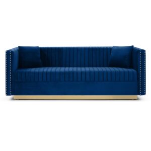 vanress 78" velvet upholstered sofa,modern tufted couch 3 seater,square arm, with nailhead trim and 2 pillows for living room, office (blue)