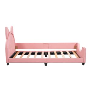 ACQCA Twin Size Daybed with Carton Ears Shaped Headboard, PU Leather Upholstered Platform Bed with Button Tufting Nailhead Trim for Kids Girls Boys, No Box Spring Needed,Pink