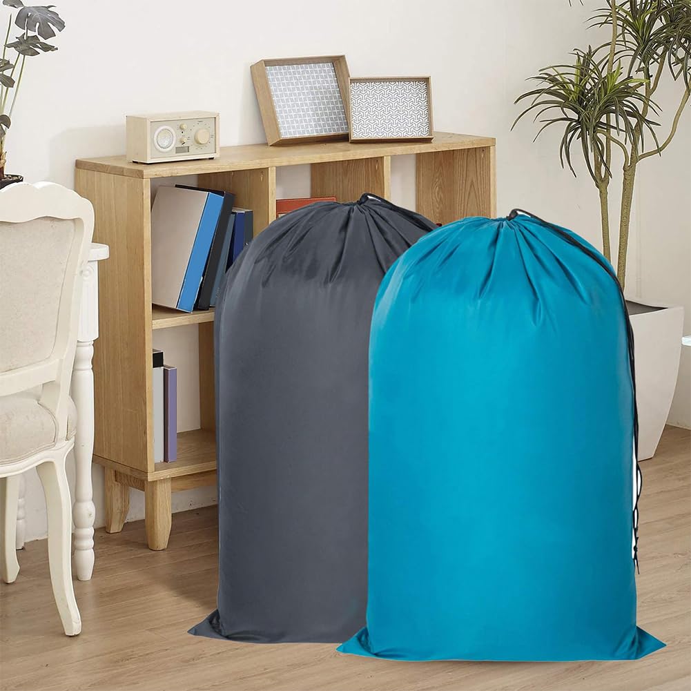 QKDS Laundry Bag with Cord Closure, 2pcs Travel Drawstring Laundry Bags, Foldable Lightweight Laundry Bags Polyester Storage Bag for Home and Dorm Camping Travel(Blue and Grey)