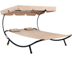 grepatio double chaise lounge bed with adjustable canopy outdoor lounger bed with wheels large patio hammock daybed with 2 pillow for garden, or poolside sun room