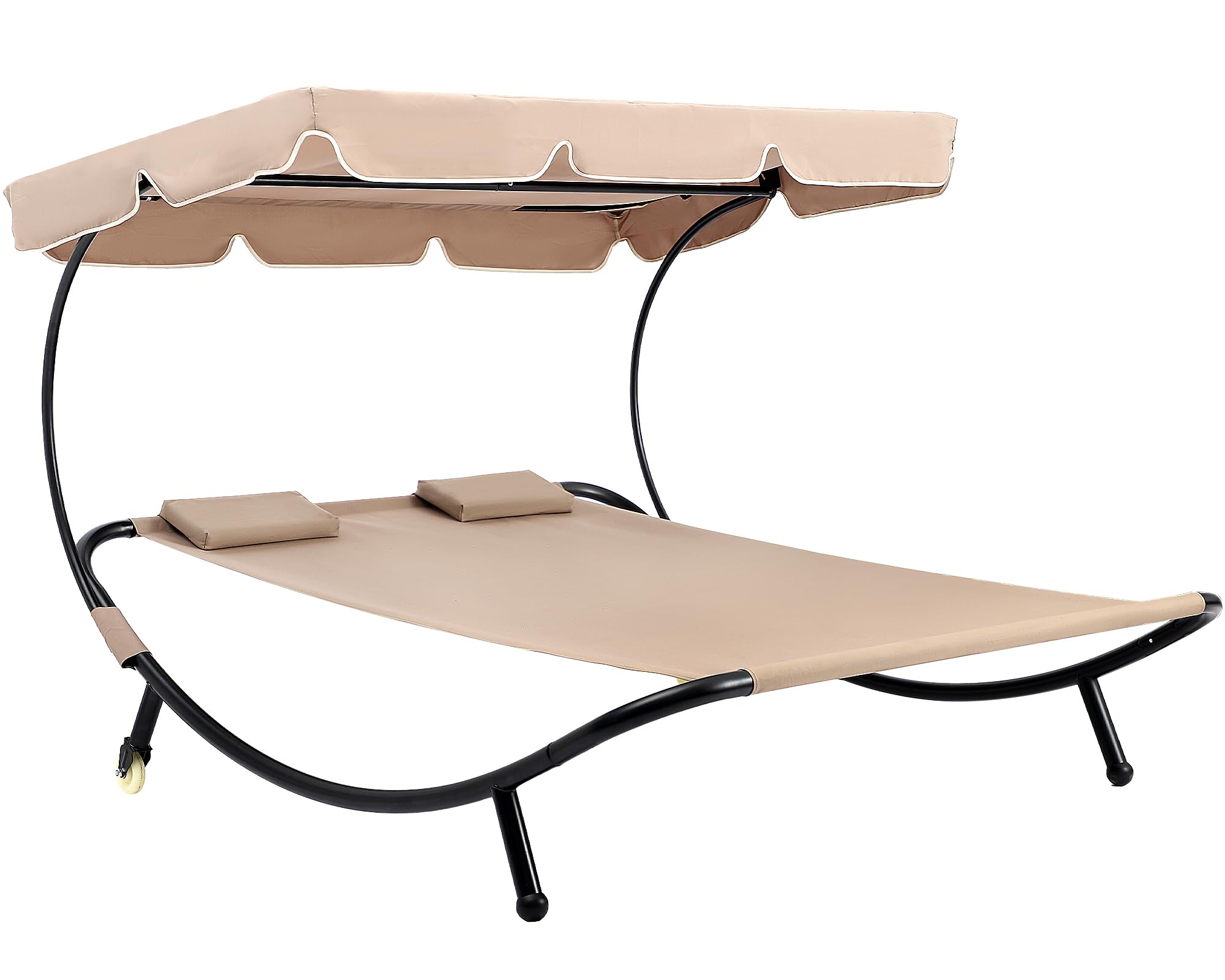 Grepatio Double Chaise Lounge Bed with Adjustable Canopy Outdoor Lounger Bed with Wheels Large Patio Hammock Daybed with 2 Pillow for Garden, or Poolside Sun Room