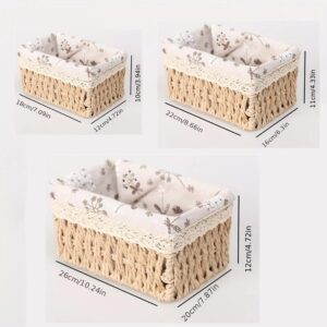 QRZLP 3 PCS Woven Storage Basket, Imitation Rattan Woven Desktop Storage Basket Household Miscellaneous Storage Basket Rectangular Handmade Baskets for Offices, Study Rooms, Bedrooms, Balconies.