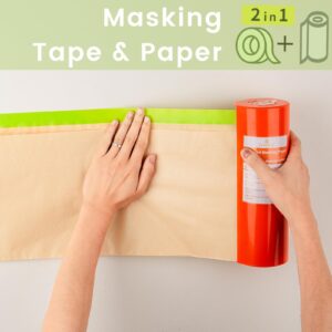 Pre-Taped Masking Paper with Dispenser - 18" x 66' Painters Paper and Tape Attached for Painting House, Automotive Paint Masking Paper Roll for Windows, Cars, Auto-Body (1 Dispenser 1 Refill)