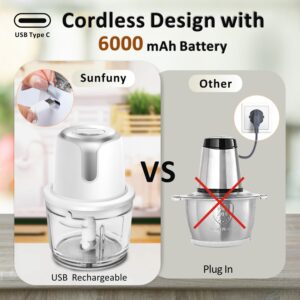 Food Processor Cordless, Small Food Chopper with 5-Cup Glass Bowl, 6000mAh Battery USB-C Rechargeable Electric Vegetable Chopper Meat Blender Kitchen Mixer for Garlic, Onion, Salad, Baby Food (White)