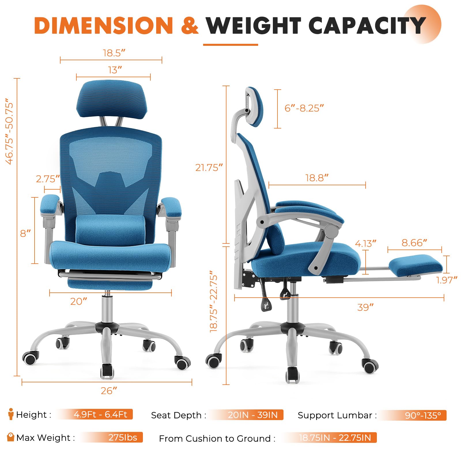 Sweetcrispy Office Computer Desk Chair, Ergonomic High-Back Mesh Rolling Work Swivel Chairs with Wheels, Comfortable Lumbar Support, Comfy Arms for Home, Bedroom, Study, Student, Blue