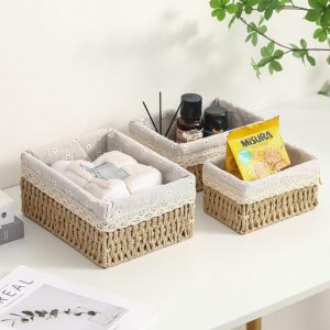 QRZLP 3 PCS Woven Storage Basket, Imitation Rattan Woven Desktop Storage Basket Household Miscellaneous Storage Basket Rectangular Handmade Baskets for Offices, Study Rooms, Bedrooms, Balconies.