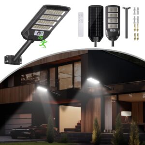 varmtalys solar street lights outdoor waterproof ip65, motion sensor solar street lamps with remote, dusk to dawn led street lights for yard garden garage with bracket (1 pack)