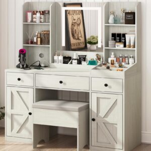 jiteentarou farmhouse vanity desk w/outlet & stool, 11 storage shelves 3 drawers 2 big cabinets, 43" white vanity table make up desk w/mirror and lights, rustic led vanity set for women, girls