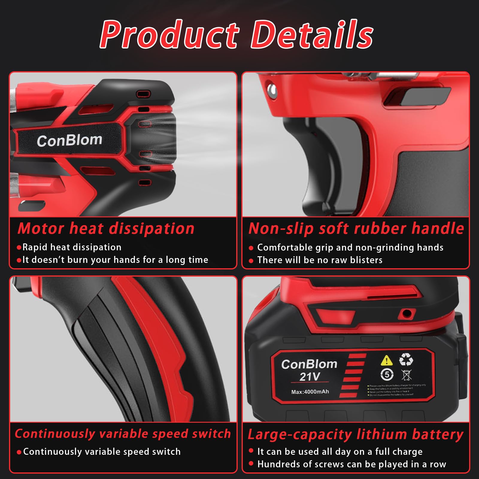 ConBlom 800N.m(590Ft-lbs) Cordless Impact Wrench, 1/2" Brushless Impact Gun w/ 2x 4.0Ah Battery, 4300RPM High Torque Impact Driver w/ 6 Sockets, LED Light, Power Impact Wrenches for Car Home