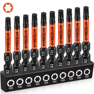 10-pack t25 torx bits for impact driver- torx bit set 2'' long, profession star bits set, magnetic t-25 torx bit, s2 alloy steel torque bits, t bit set 1/4'' hex-shank, star drill bit set, t25 bit