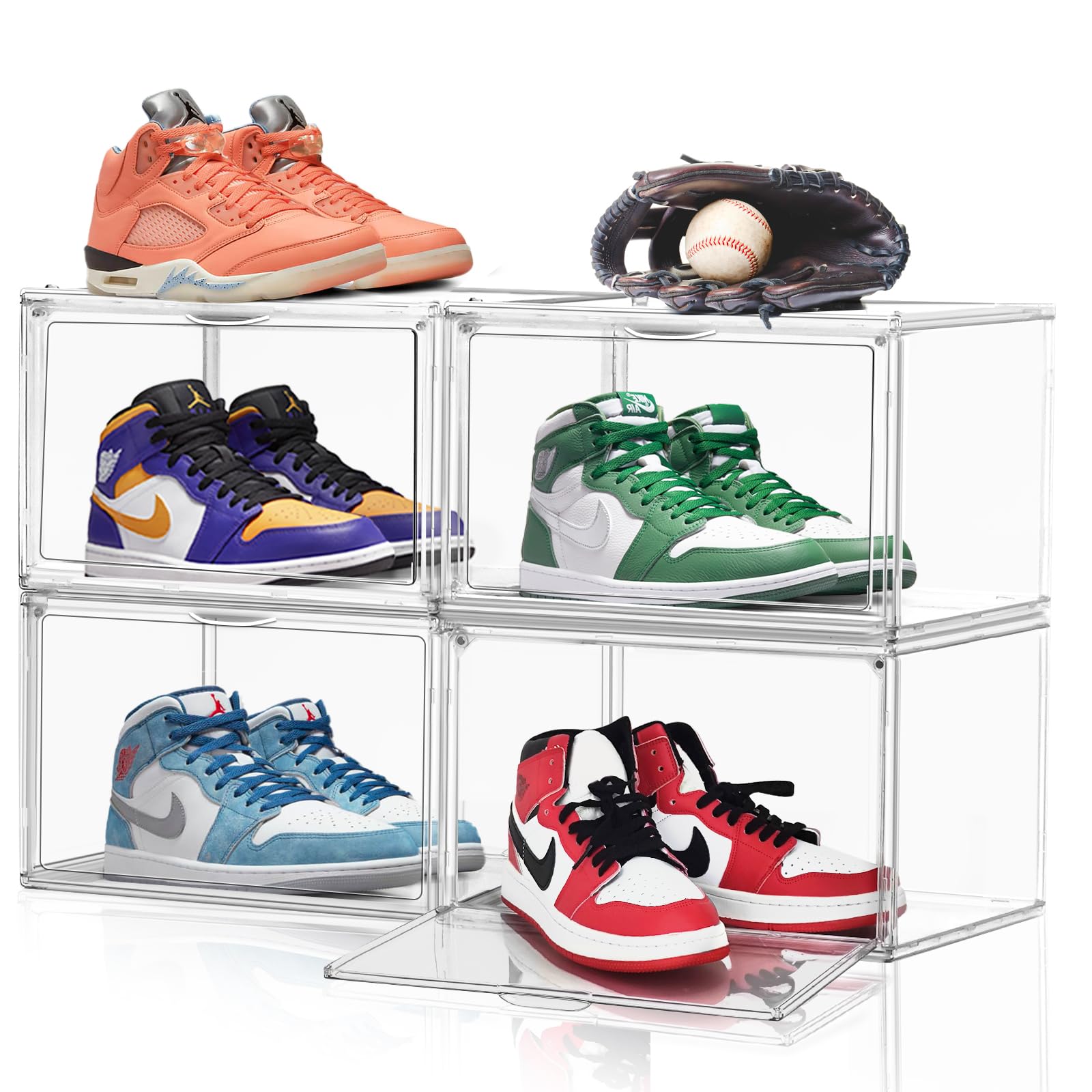 EZJOB 4 Pack Sneaker Storage for Sneakerheads 14.1 * 10.6 * 9in Shoe Boxes Crates Clear Plastic Stackable Boot Display Case