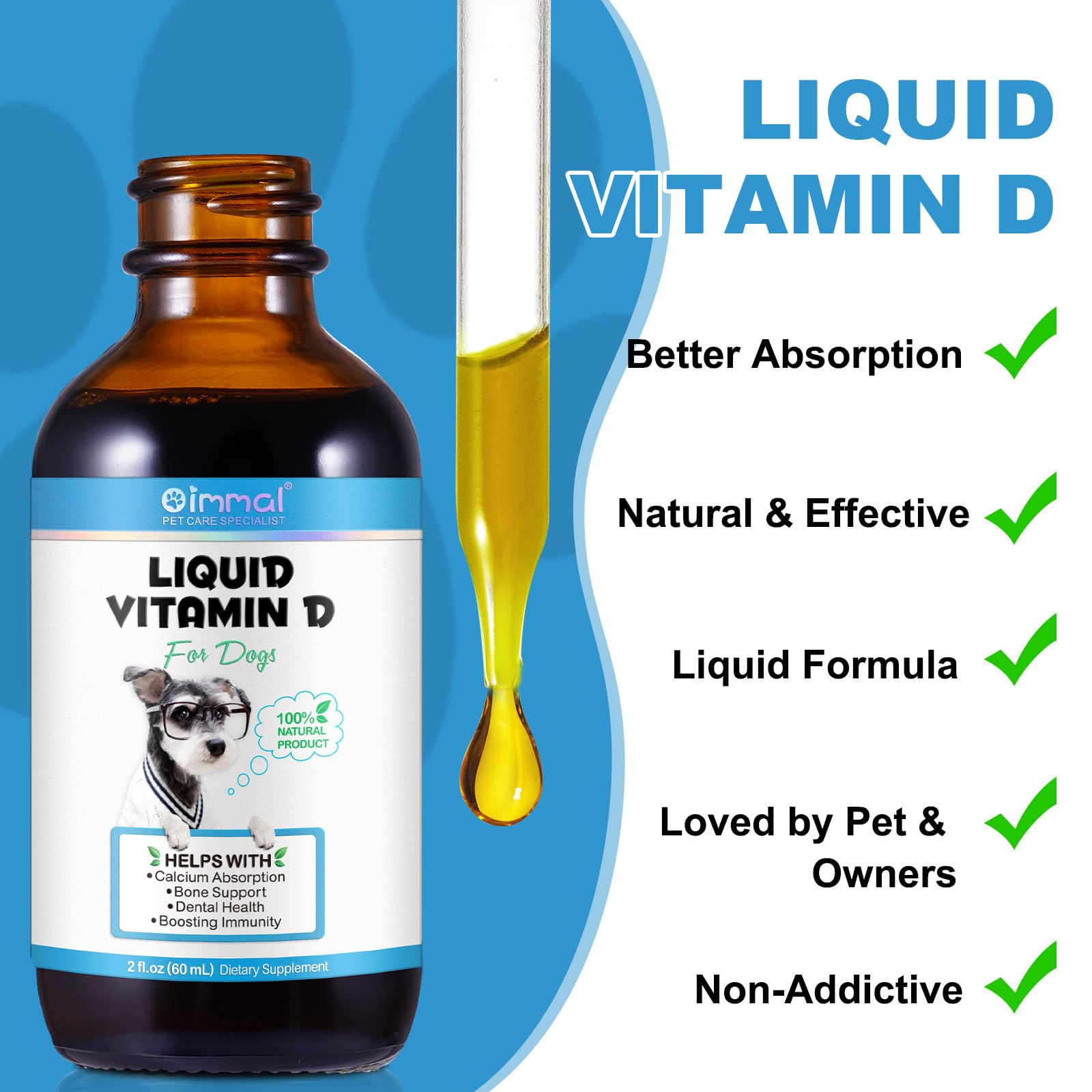 Dog Vitamins D Supplements 2 Fl Oz Liquid Vitamin D for Dogs Strong Bones& Structural Support, Promote Healthy Immune